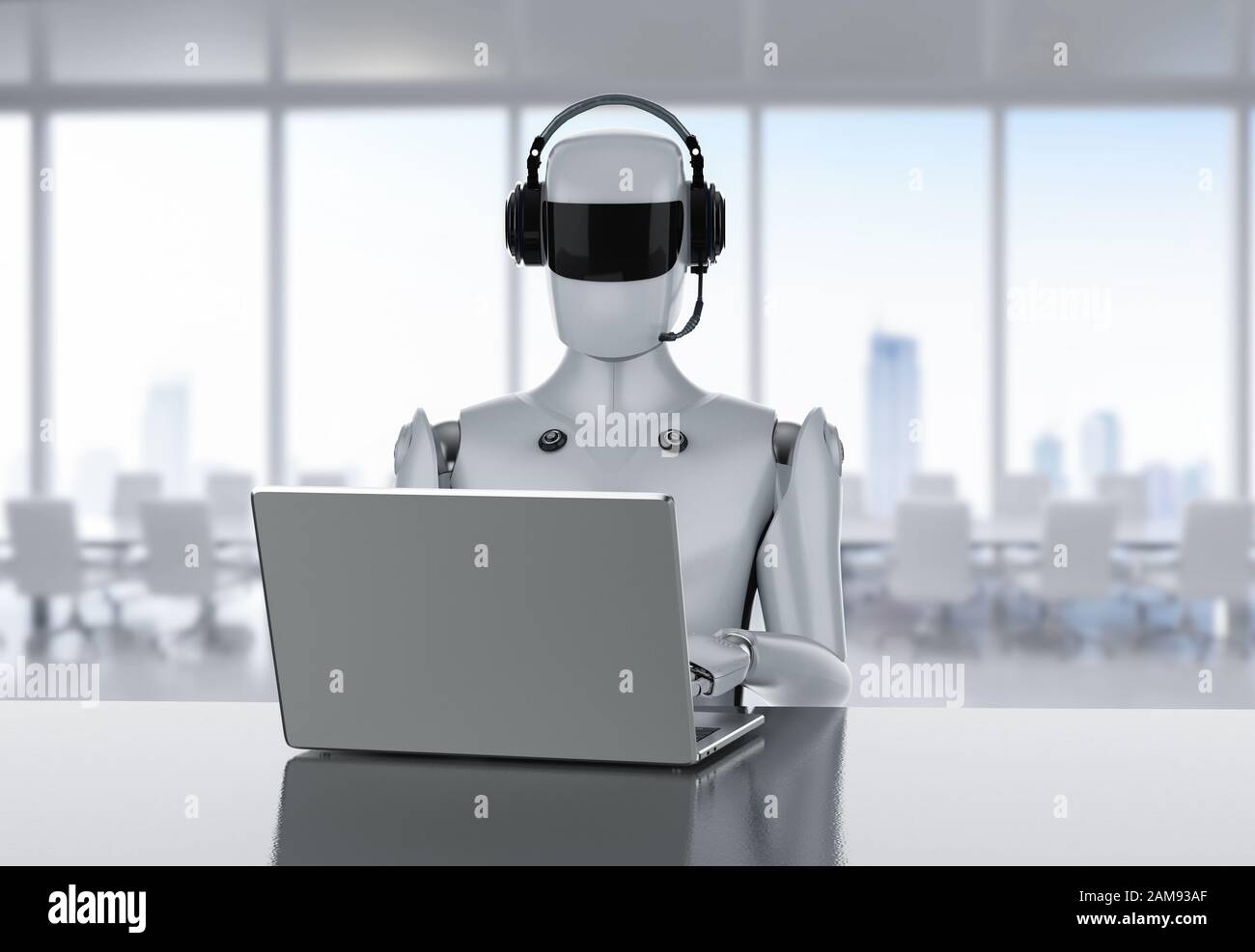 3d rendering artificial intelligence cyborg or robot working with headset and computer notebook ...