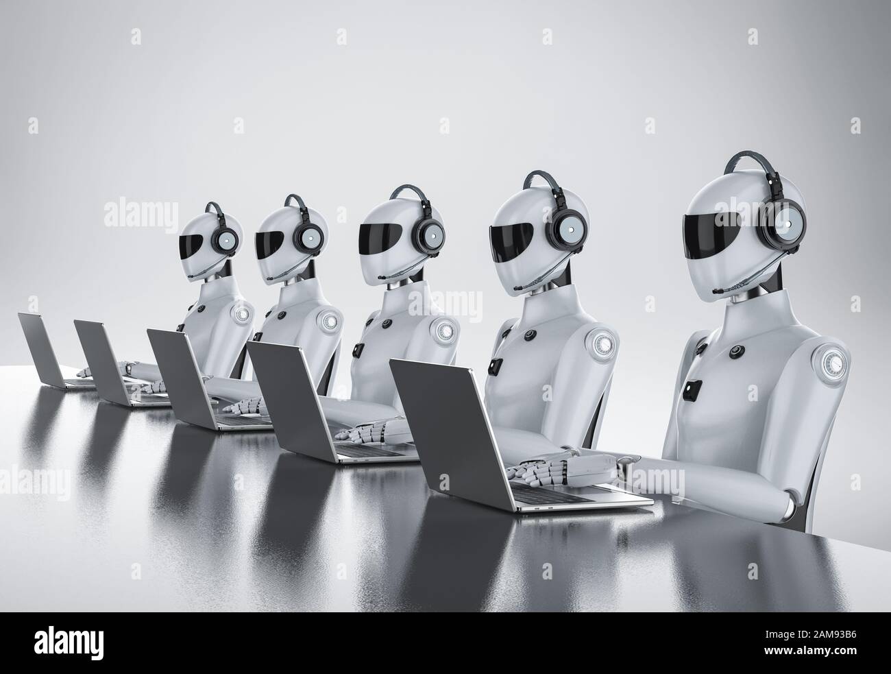 3d rendering artificial intelligence cyborg or robot working with headset and computer notebook ...