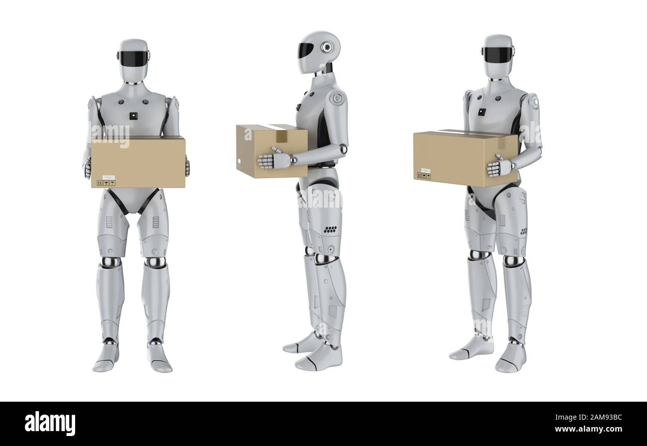 3d rendering set of artificial intelligence cyborgs or delivery robots ...
