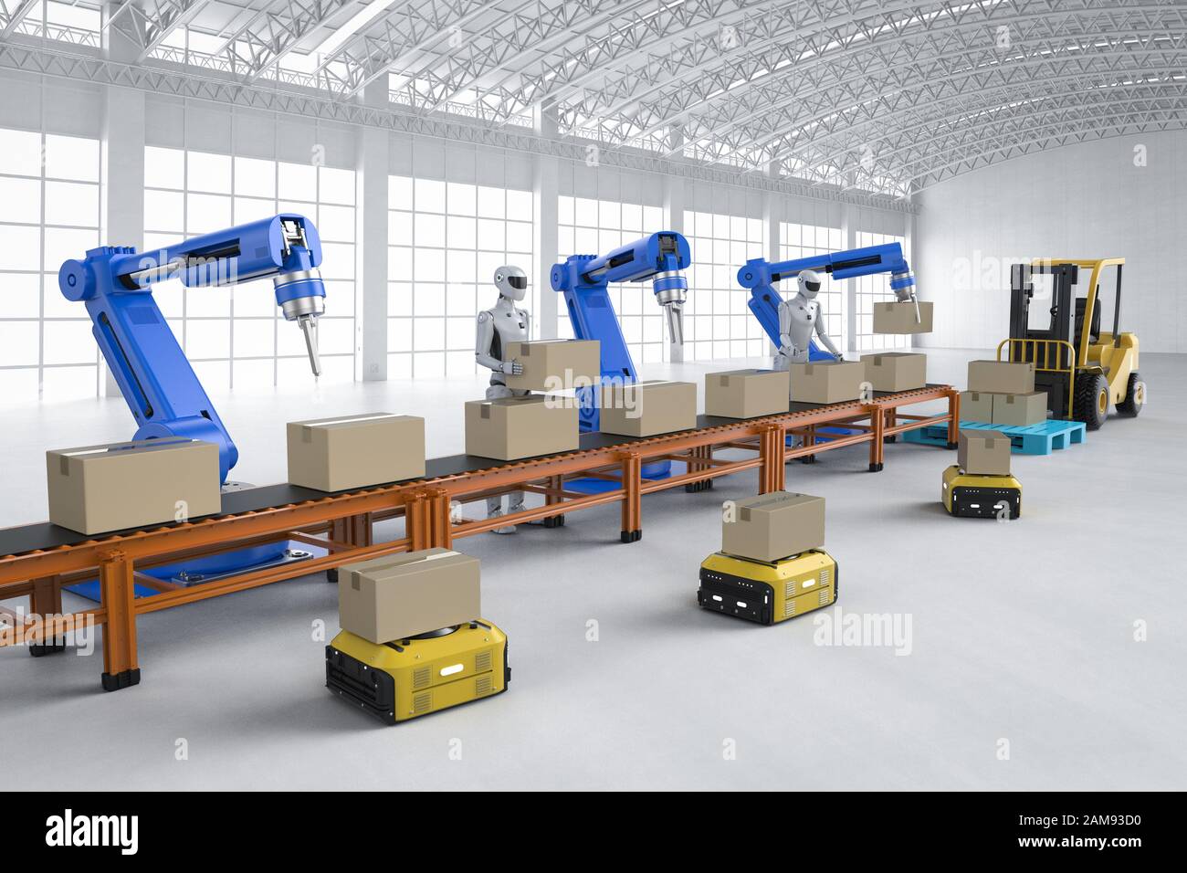 Automation factory concept with 3d rendering robot assembly line and ...