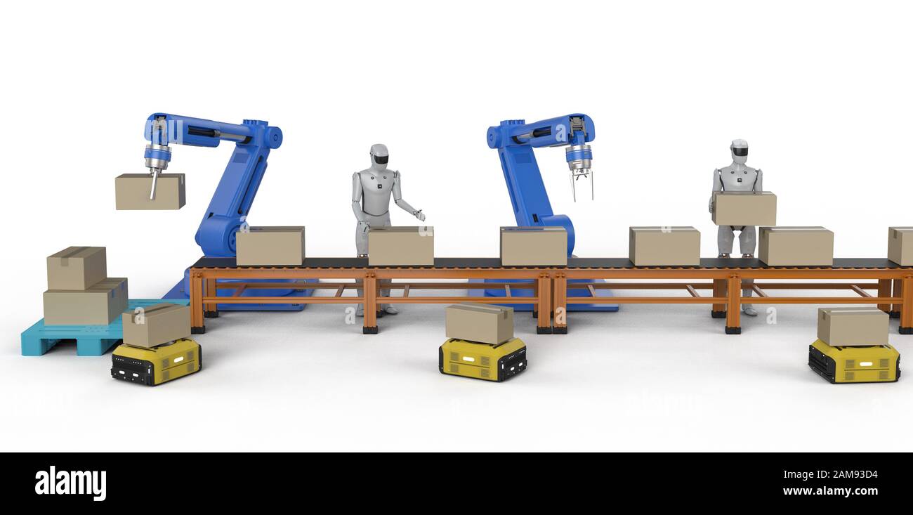 Automation factory concept with 3d rendering robot assembly line and ...