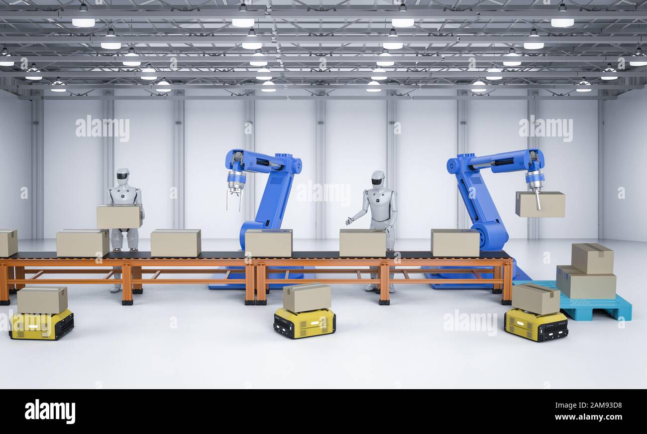 Automation factory concept with 3d rendering robot assembly line and ...