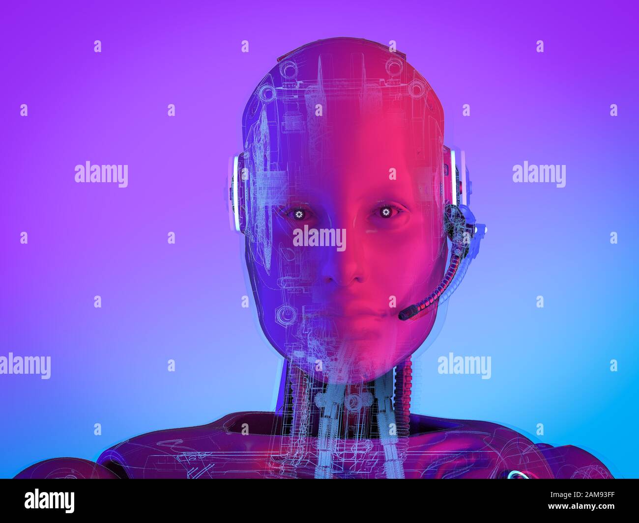 3d rendering artificial intelligence cyborg or robot with headset in neon light Stock Photo - Alamy
