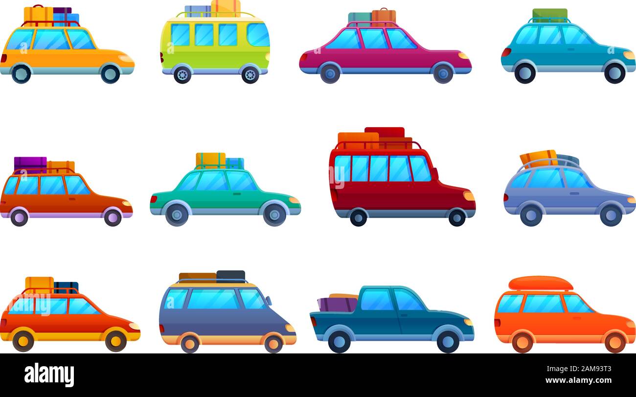 Car trip icons set. Cartoon set of car trip vector icons for web design ...