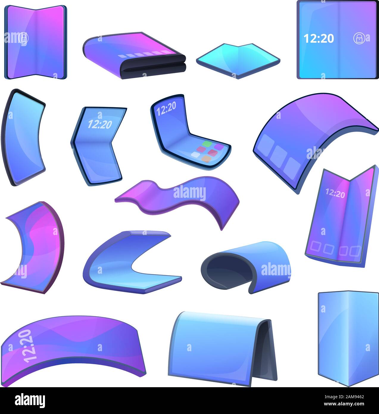 Flexible screen icons set. Cartoon set of flexible screen vector icons ...