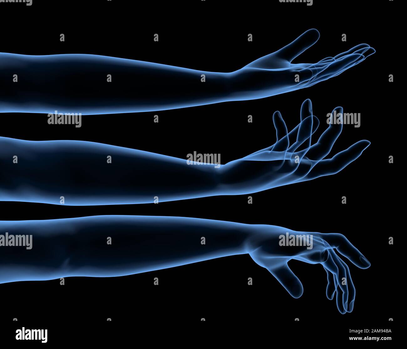 3d rendering set of human hands x-ray or scan isolated on black Stock ...