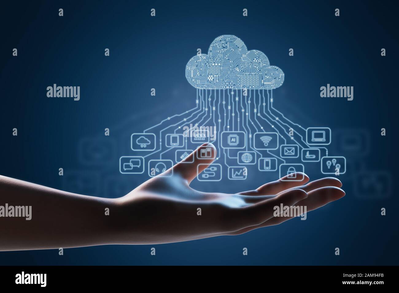 Cloud computing technology concept with 3d rendering human hand with ...