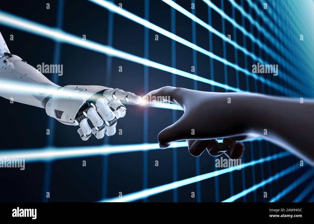 Technology connection concept with 3d rendering human finger connect to ...