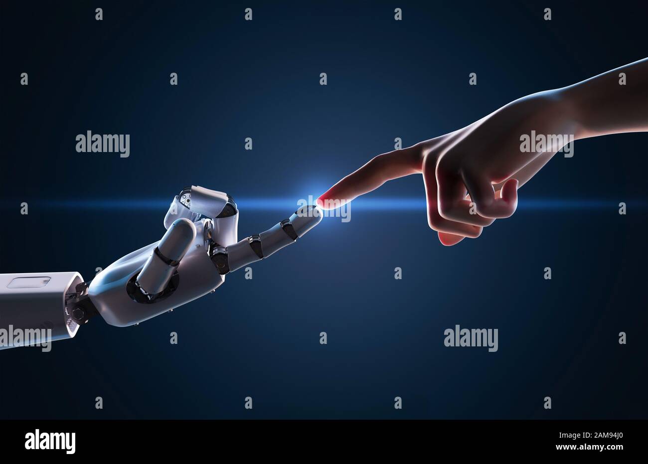 Technology connection concept with 3d rendering human finger connect to ...