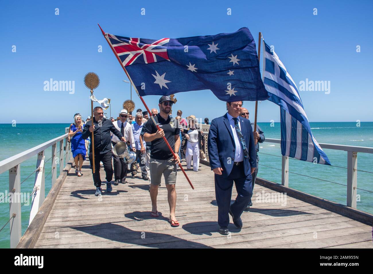 Adelaide, Australia. 12 January 2020. Flag bearers carry the Australian ...