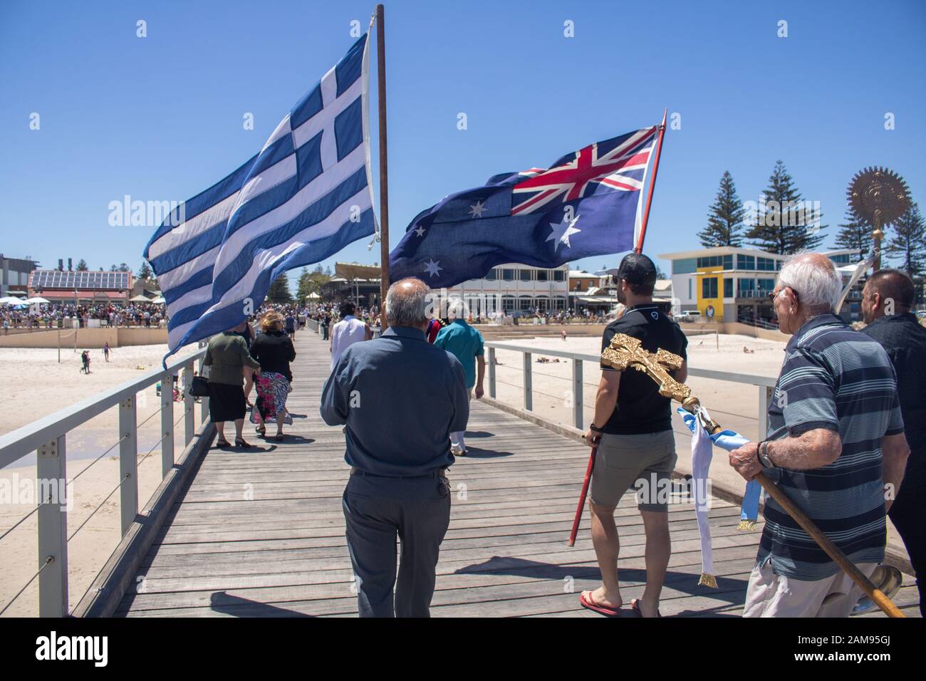Adelaide, Australia. 12 January 2020. Flag bearers carry the Australian ...
