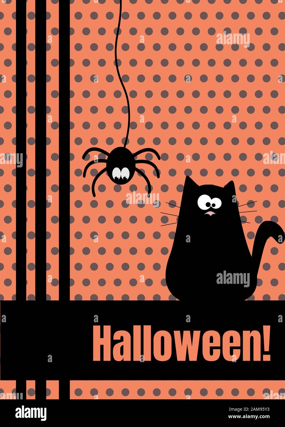 Happy Halloween greeting card with hanging on dash line web spider ...
