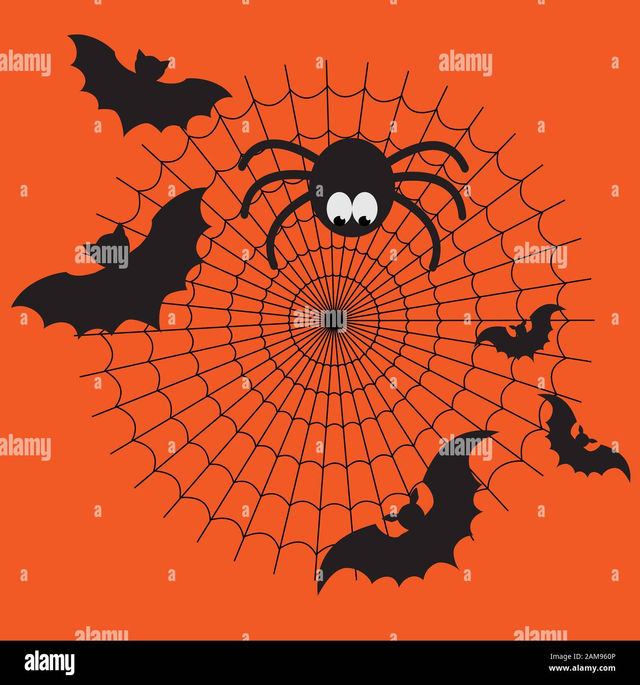 Black and orange cartoon isolated spider web with funny spider, flying ...