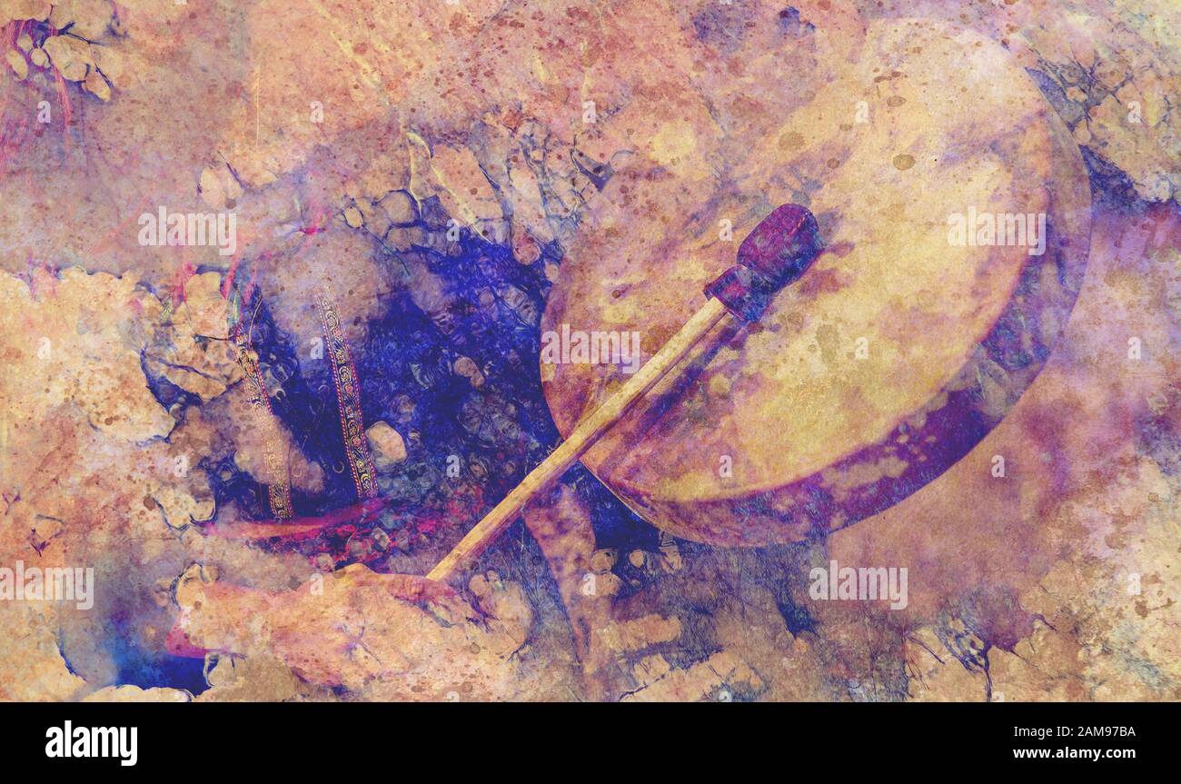 shamanic girl with frame drum on abstract structured background Stock ...