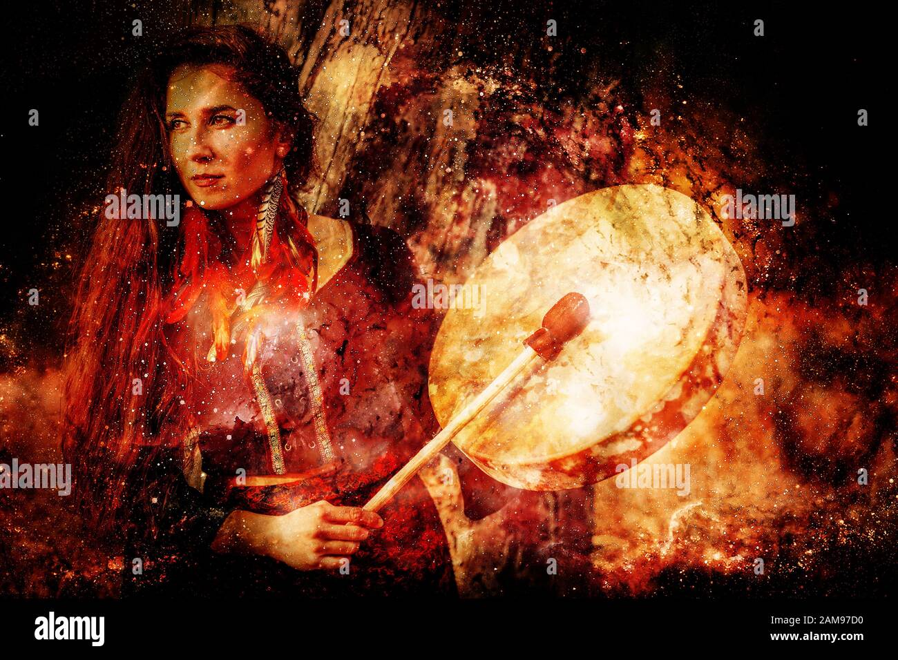 shamanic girl with frame drum on abstract structured space background ...