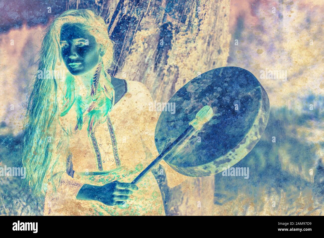 shamanic girl with frame drum on abstract structured background Stock ...