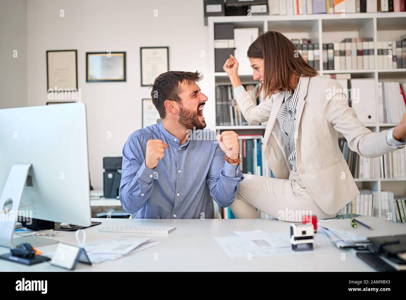 Happy business man and woman team - Teamwork, success concept Stock ...