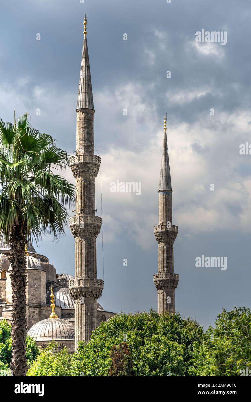 Istambul, Turkey – 07.12.2019. Minarets of the mosque of Hagia Sophia in Sultan Ahmed Park ...