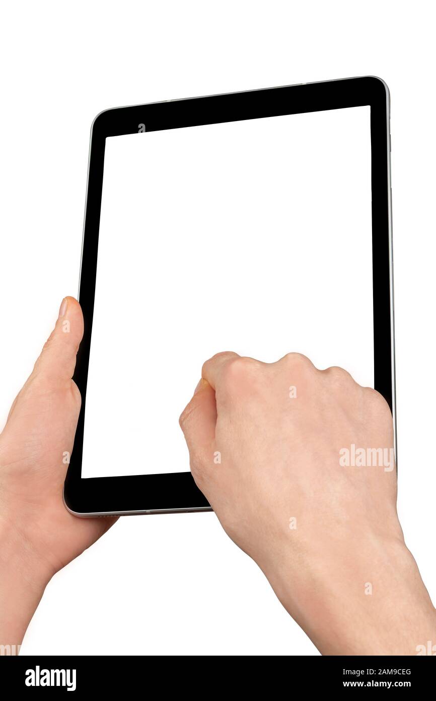 a male hand holding a touchpad pc, one finger touches the screen ...