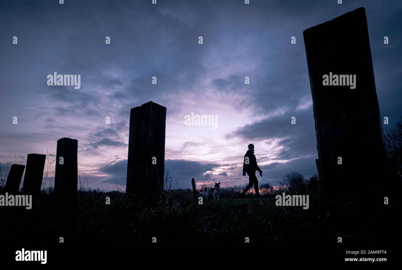 Hanover, Germany. 12th Jan, 2020. At dawn, a woman walks past wooden ...