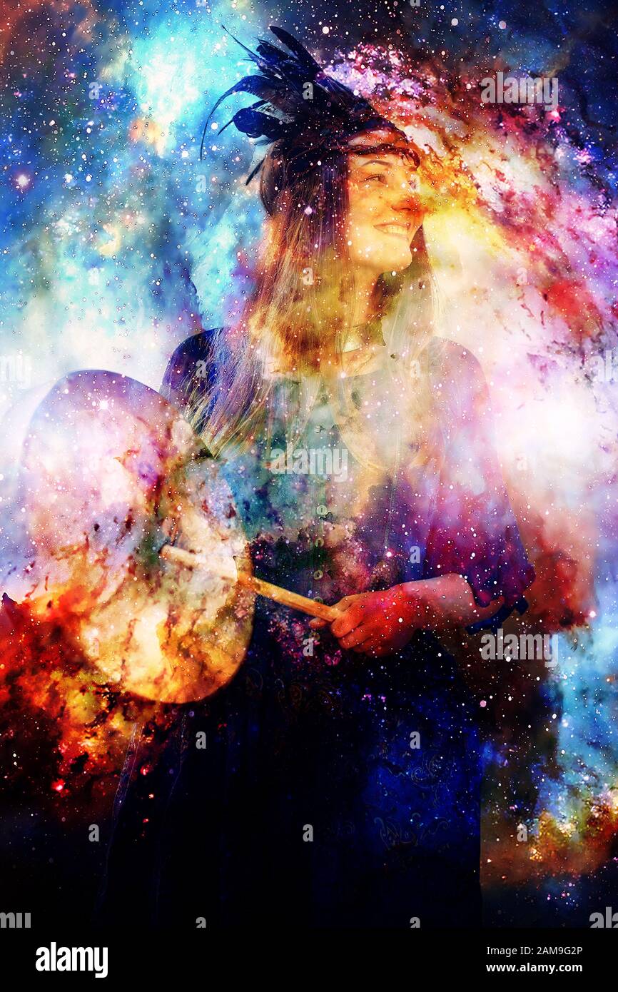 shamanic girl with frame drum on abstract structured space background ...