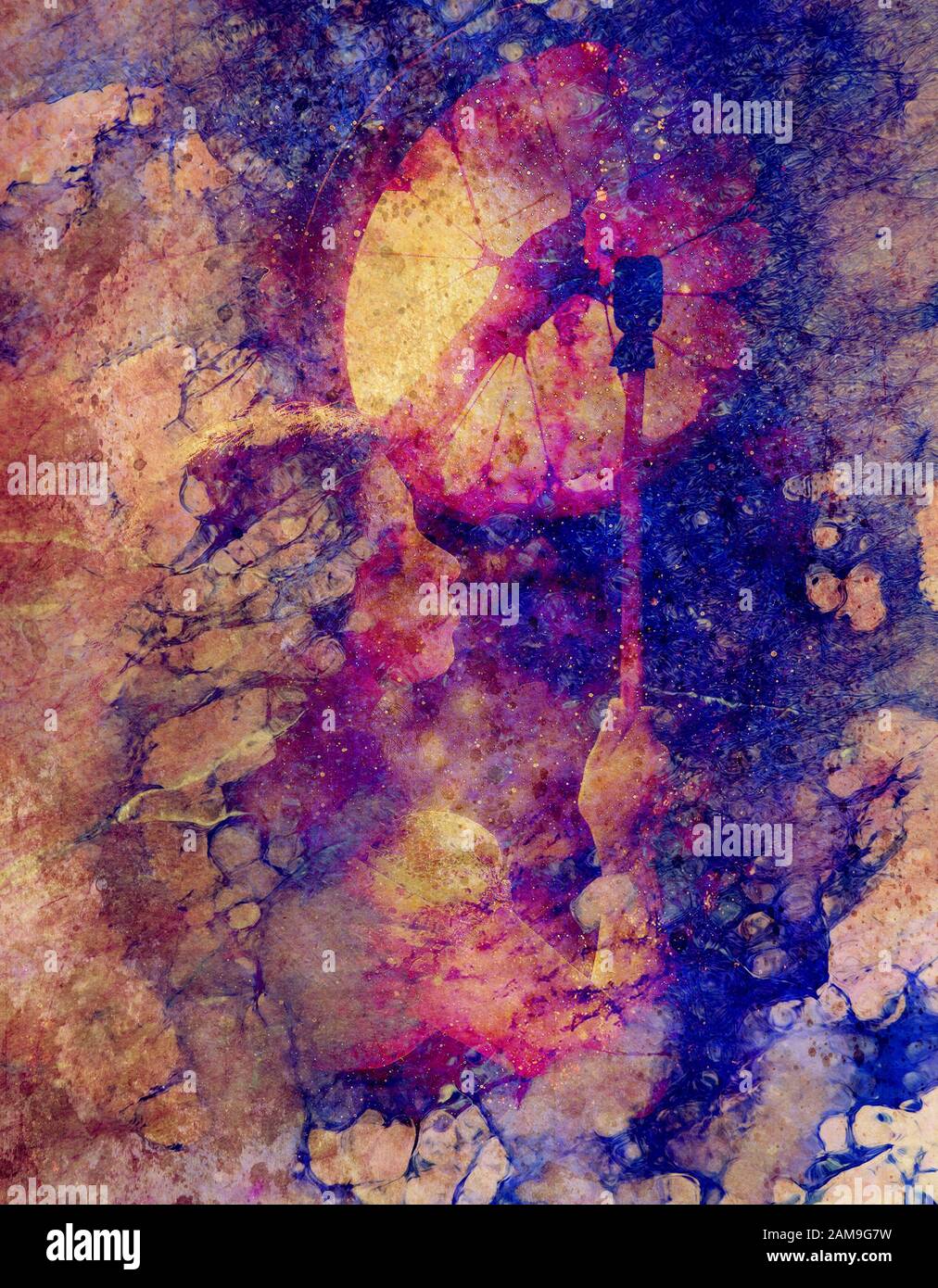 shamanic girl with frame drum on abstract structured background Stock ...