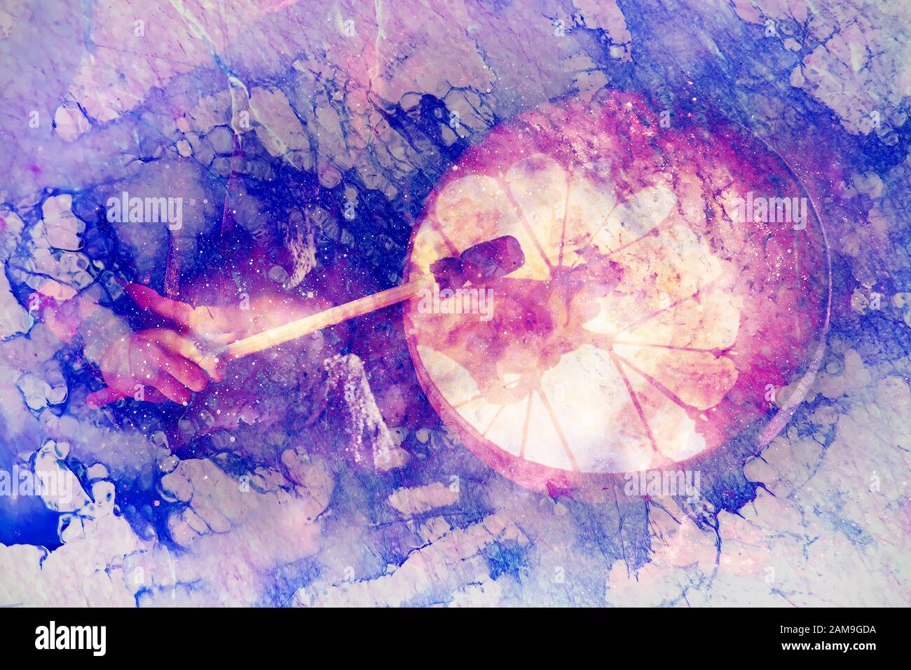 shamanic girl with frame drum on abstract structured background Stock ...