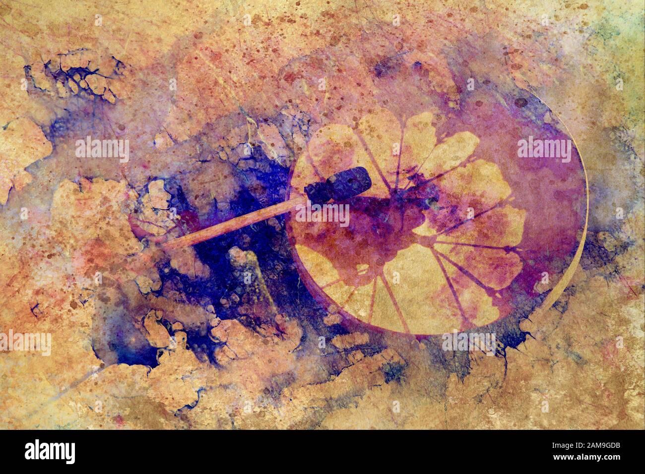 shamanic girl with frame drum on abstract structured background Stock ...