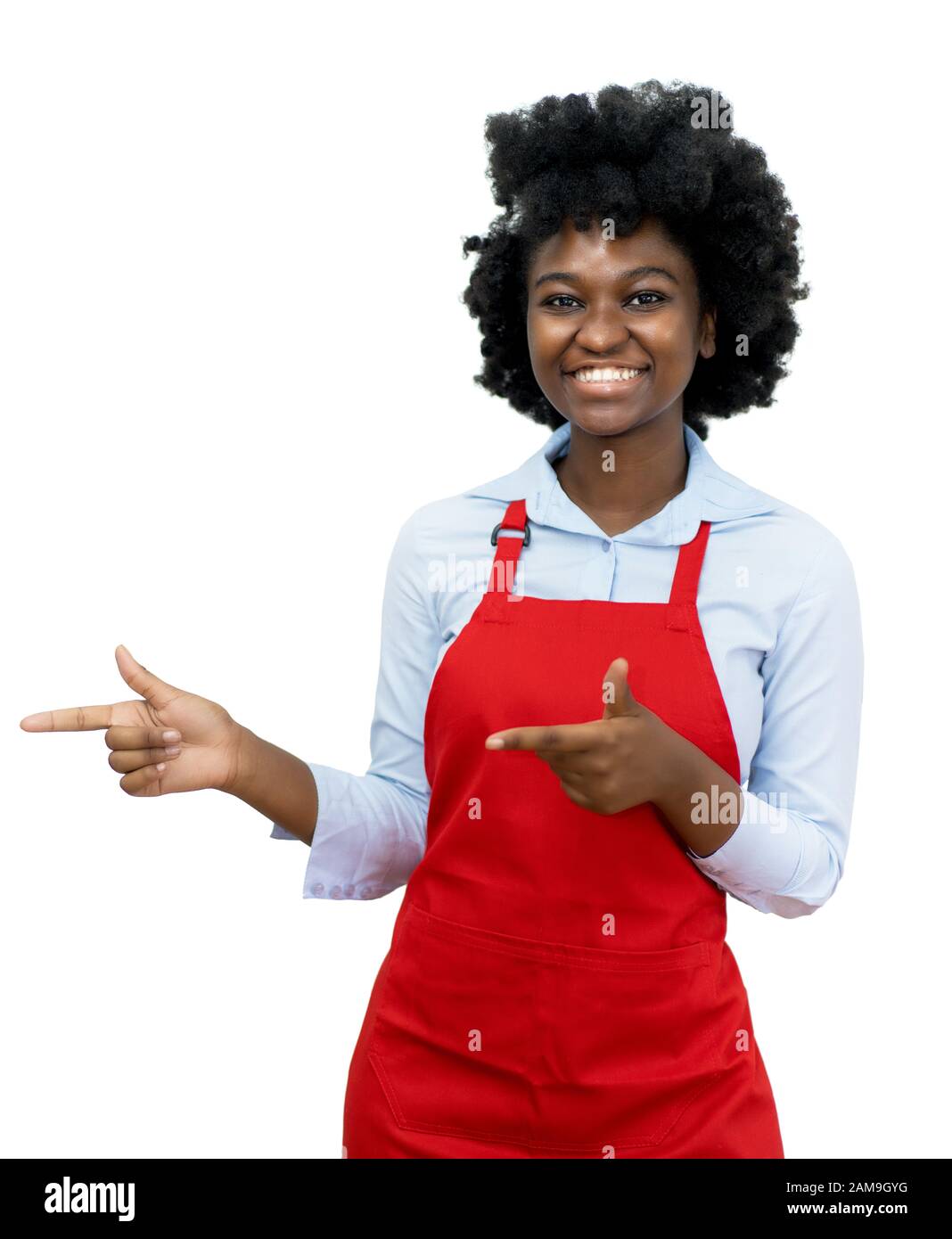African american waitress with red apron pointing sideways on isolated ...