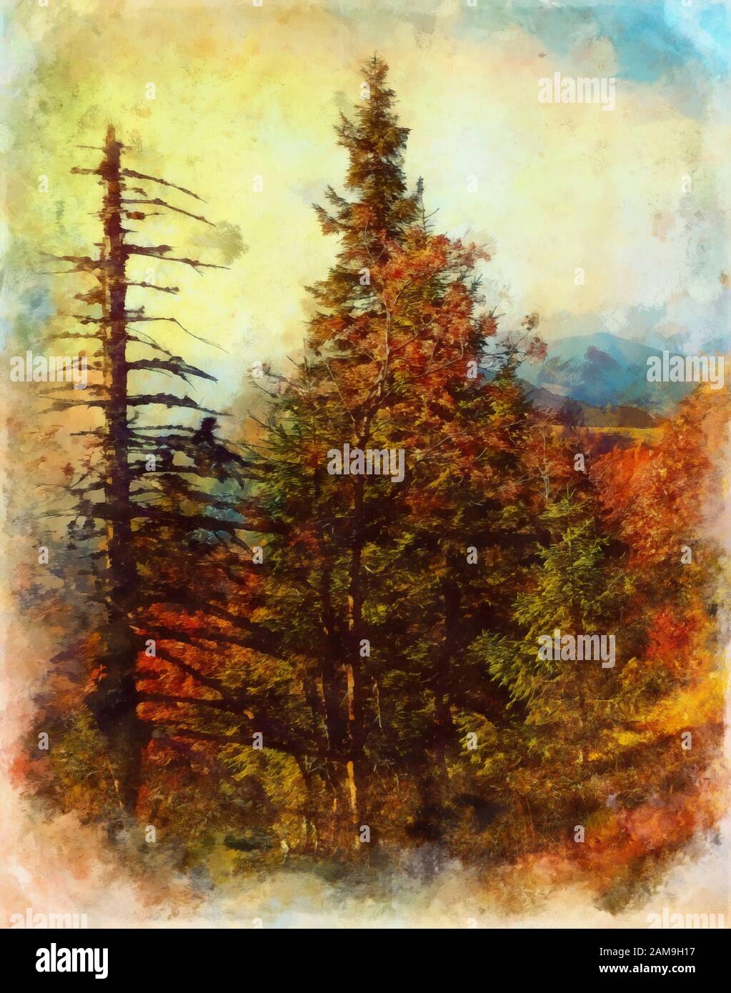 Landscape with mountains and trees, aquarel and computer effect Stock ...