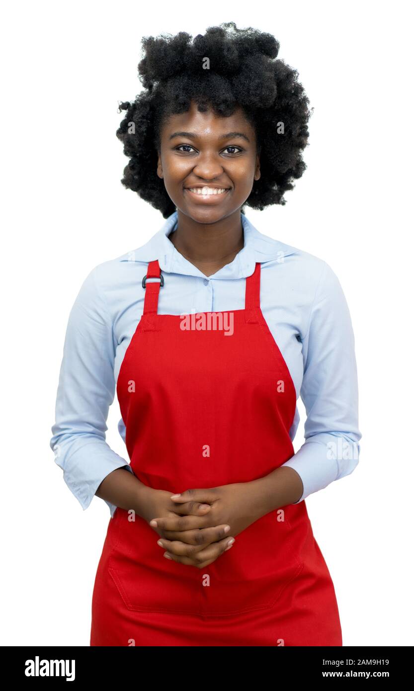 Beautiful african american waitress with red apron on isolated white ...