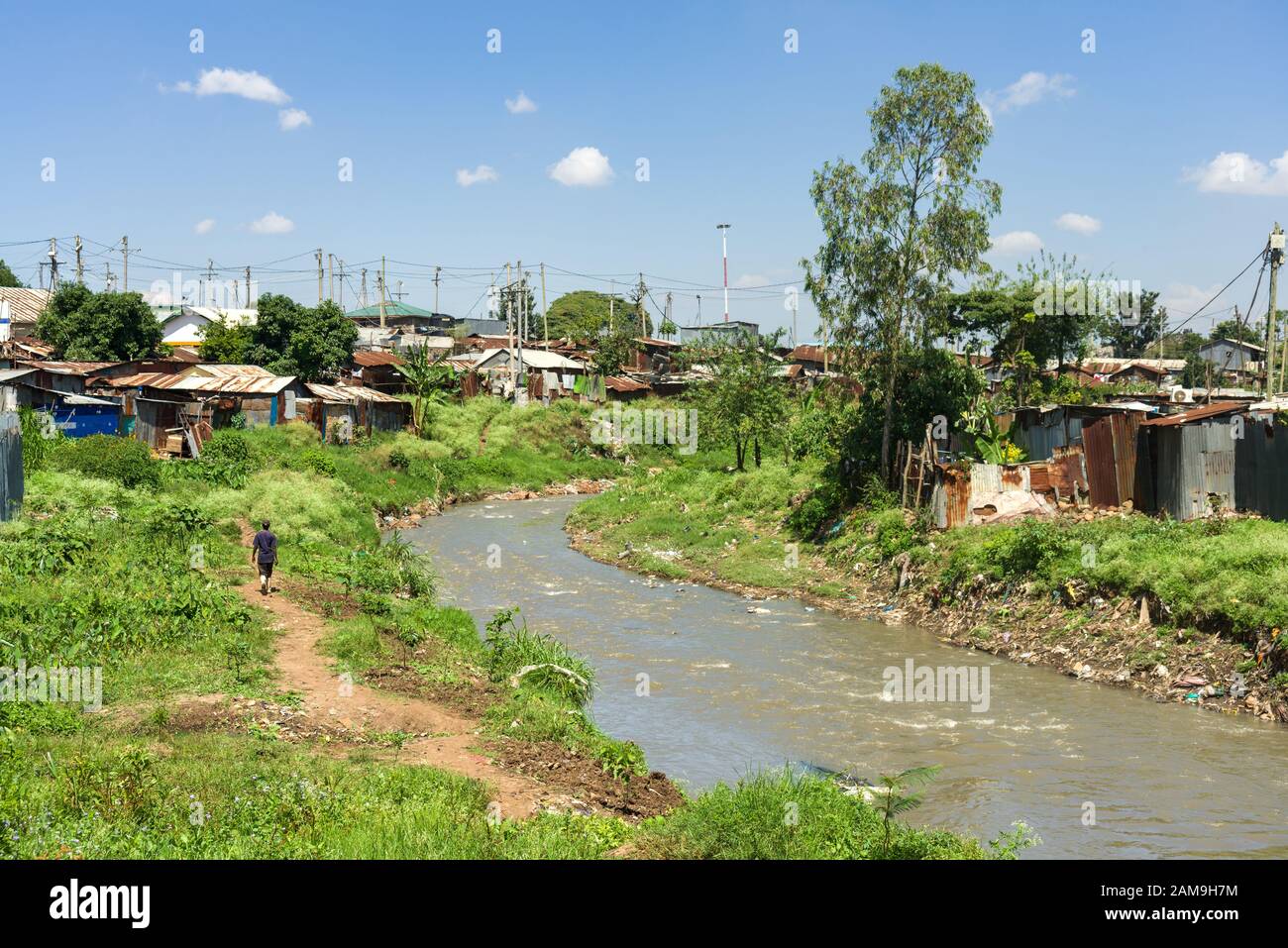 View of Nairobi river and Korogocho slum shacks, Nairobi, Kenya Stock ...