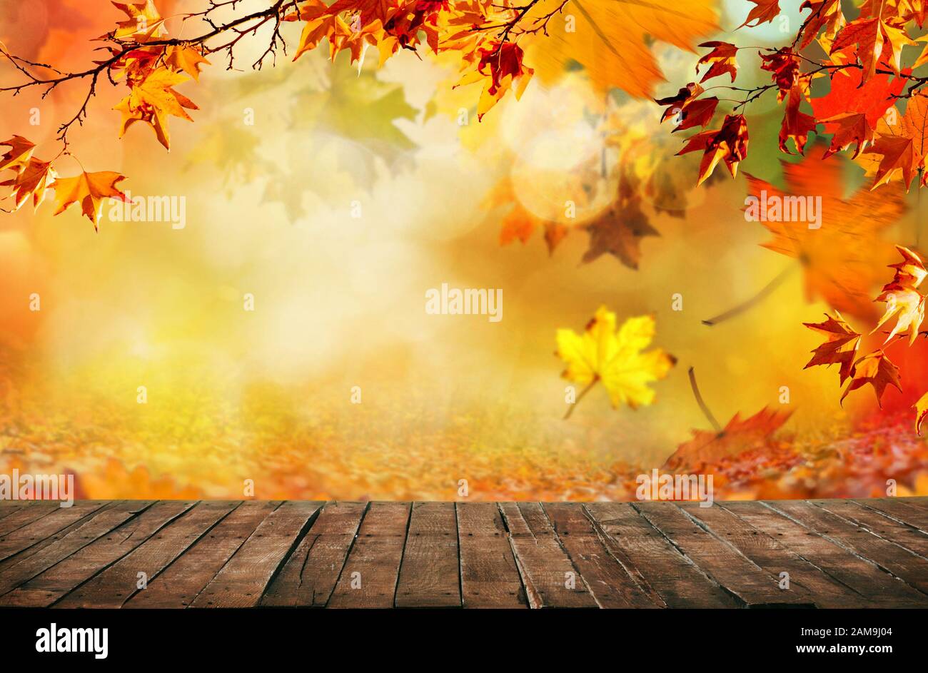 Wooden table with orange fall leaves, autumn natural background Stock ...
