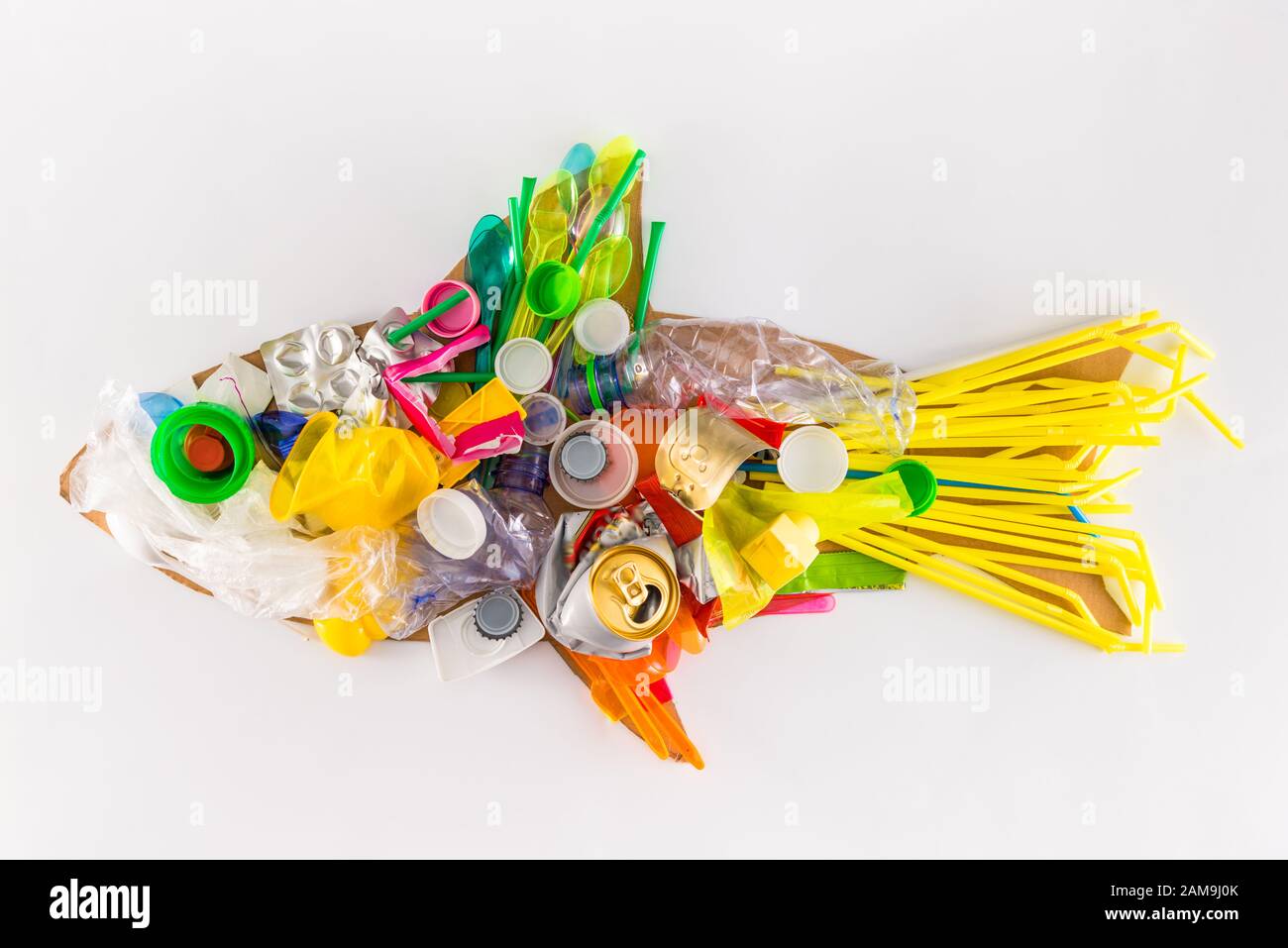 plastic fish made of disposable and waste plastics, ecology concept ...