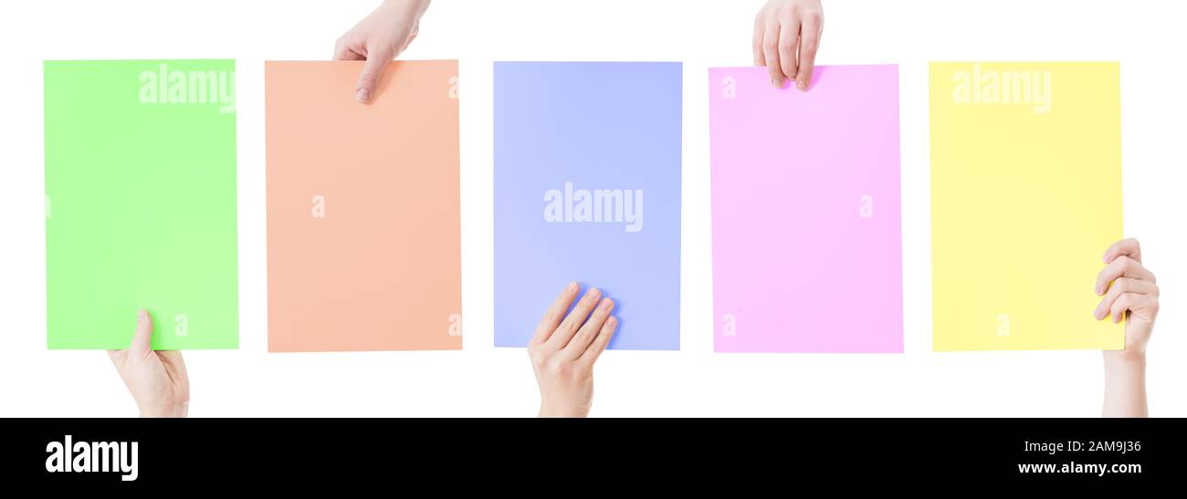hands holding blank colorful paper isolated Stock Photo - Alamy