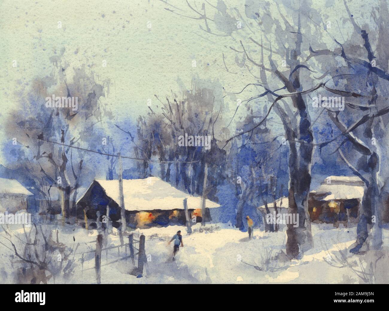Watercolor landscape. Lighted windows in homes of quiet snowy winter's ...