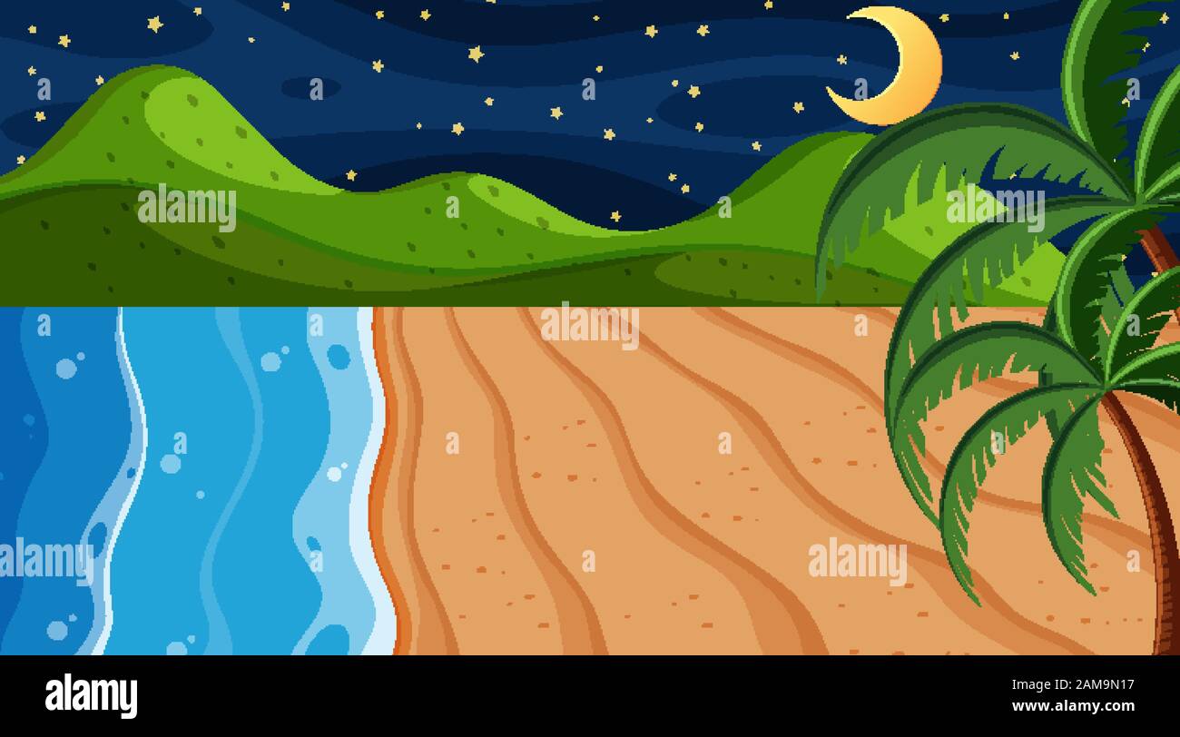 Nature scene with ocean at night illustration Stock Vector Image & Art ...