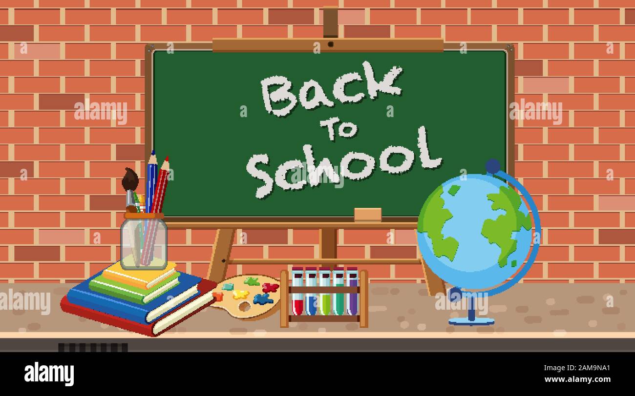 Back to school sign in classroom with school equipments illustration ...
