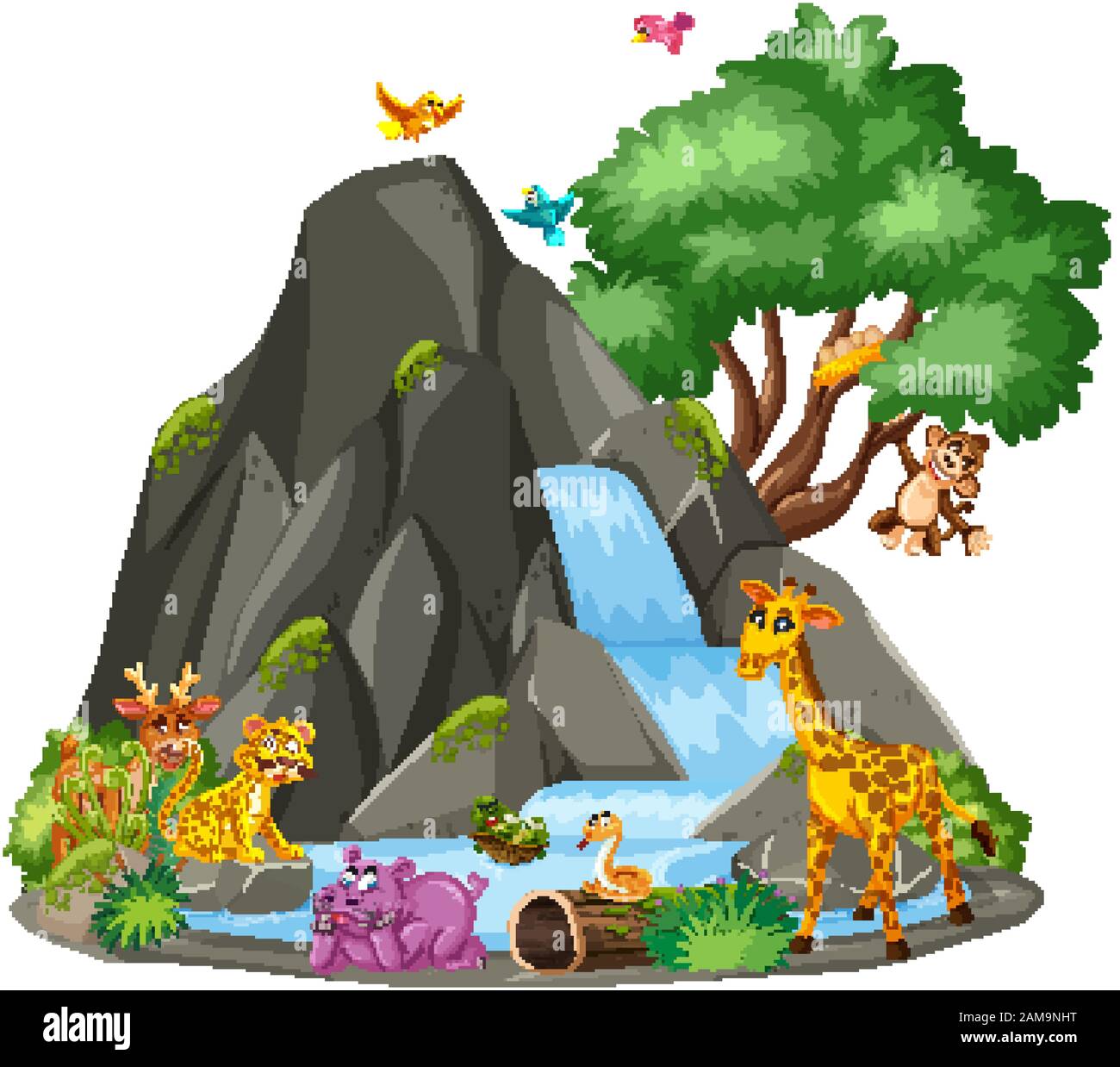 Background scene of animals at the waterfall illustration Stock Vector ...