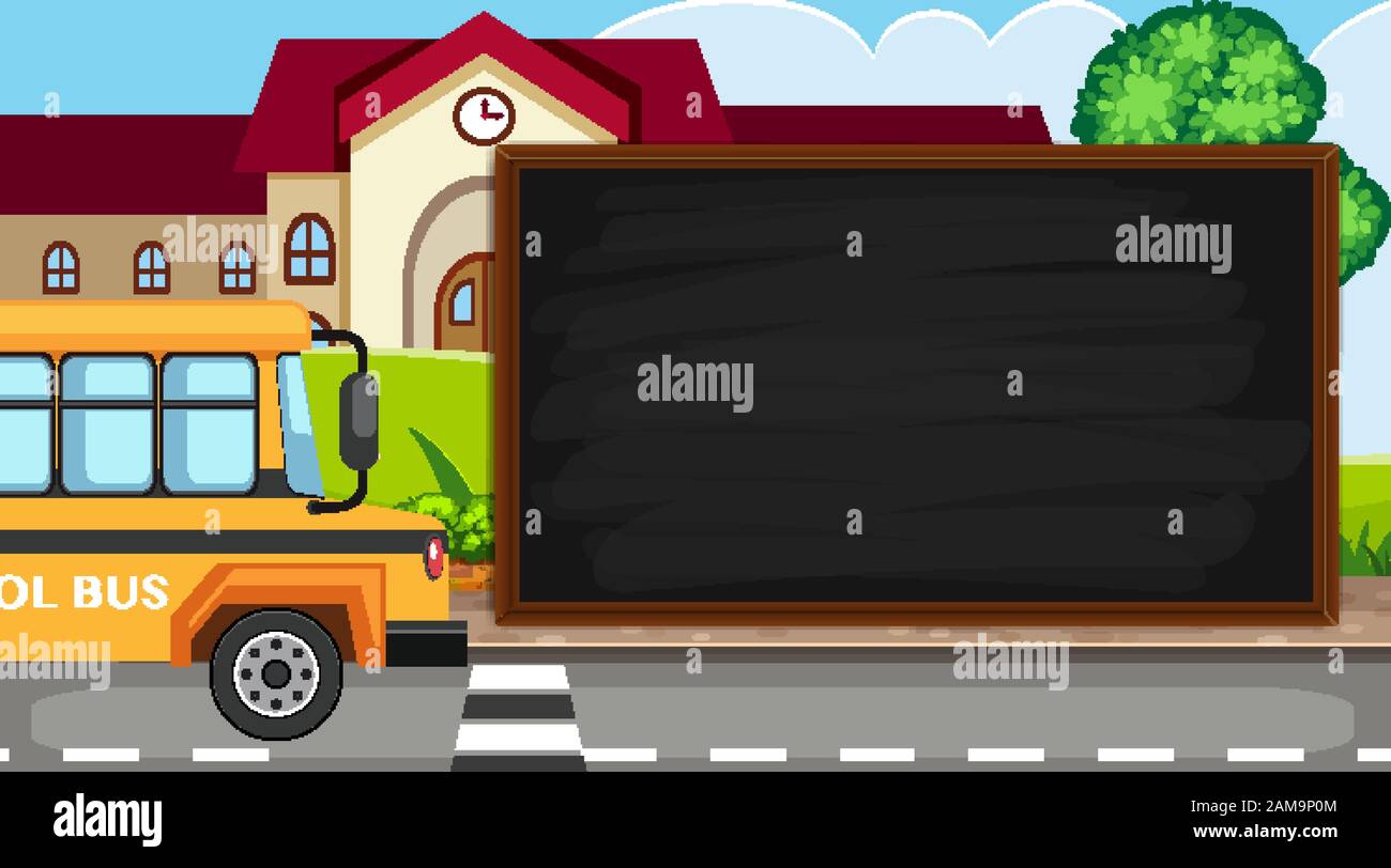 Frame template with school bus on the road background illustration ...