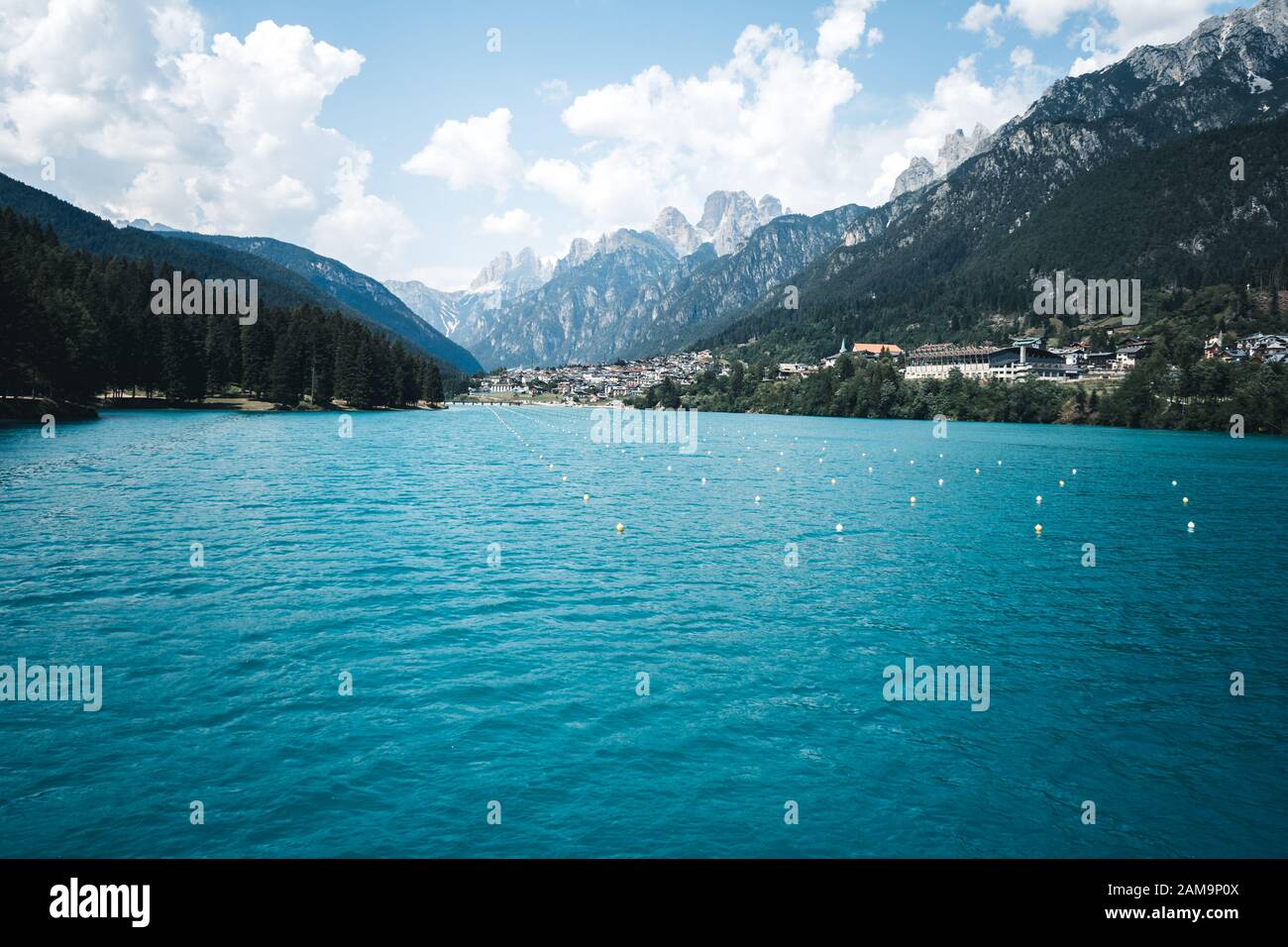View on alpine lake in italy, the lago di santa caterina (Auronzosee ...