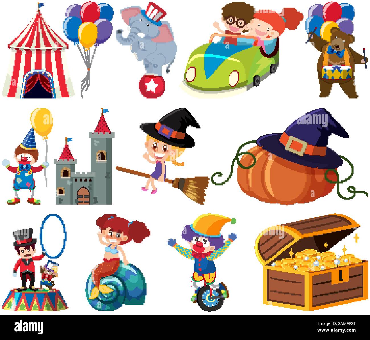Set of fairytale characters and circus items illustration Stock Vector ...