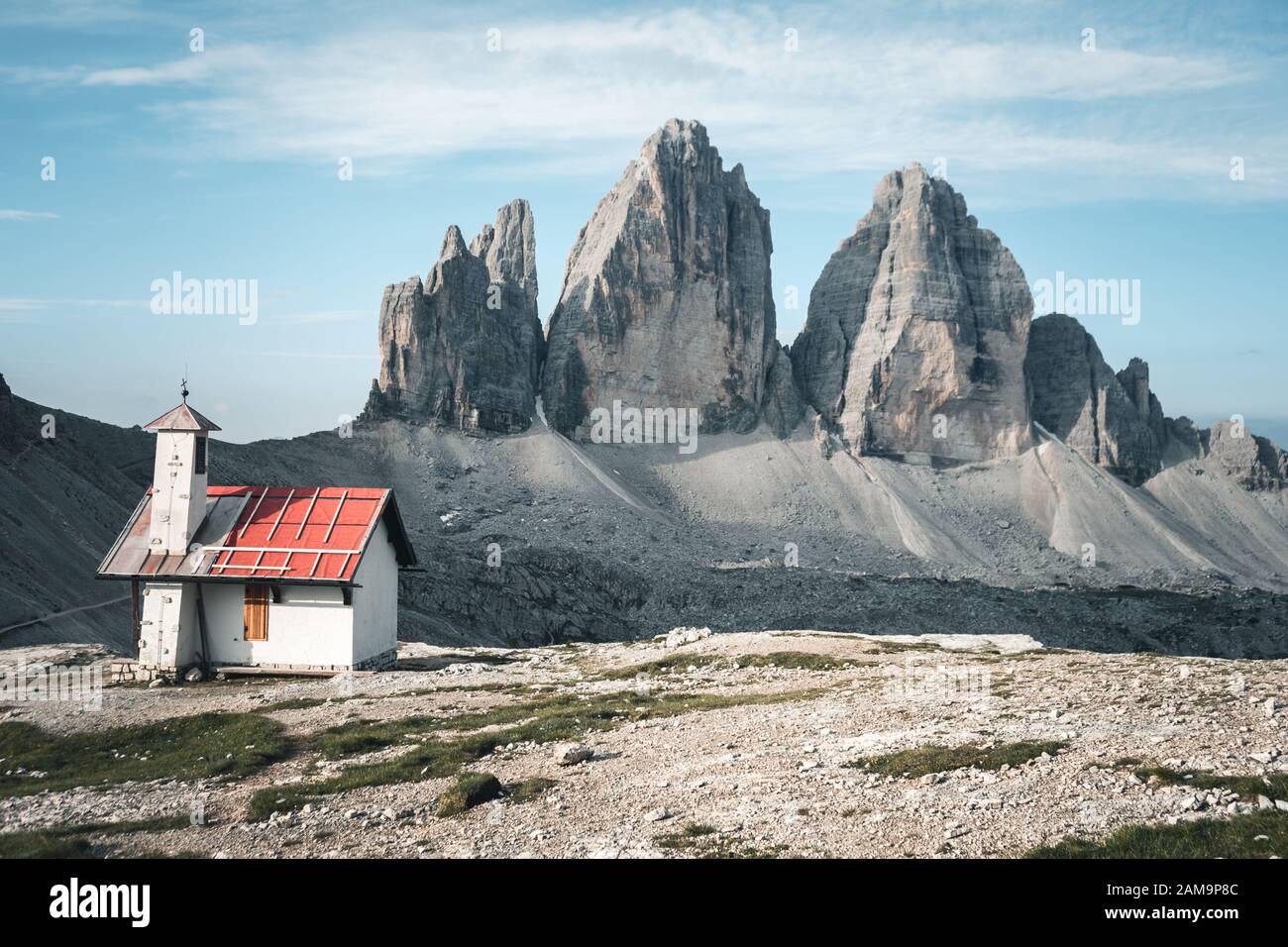 Church in front of the tre cime di lavaredo (three peaks of lavaredo ...
