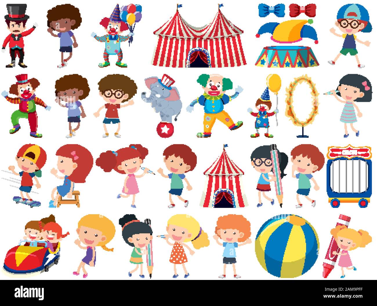 Large set of isolated objects of kids and circus illustration Stock ...