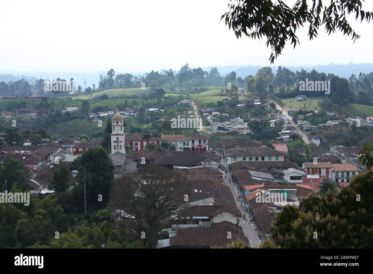 Aerial view of the small Andean peasant village of Salento, in the ...