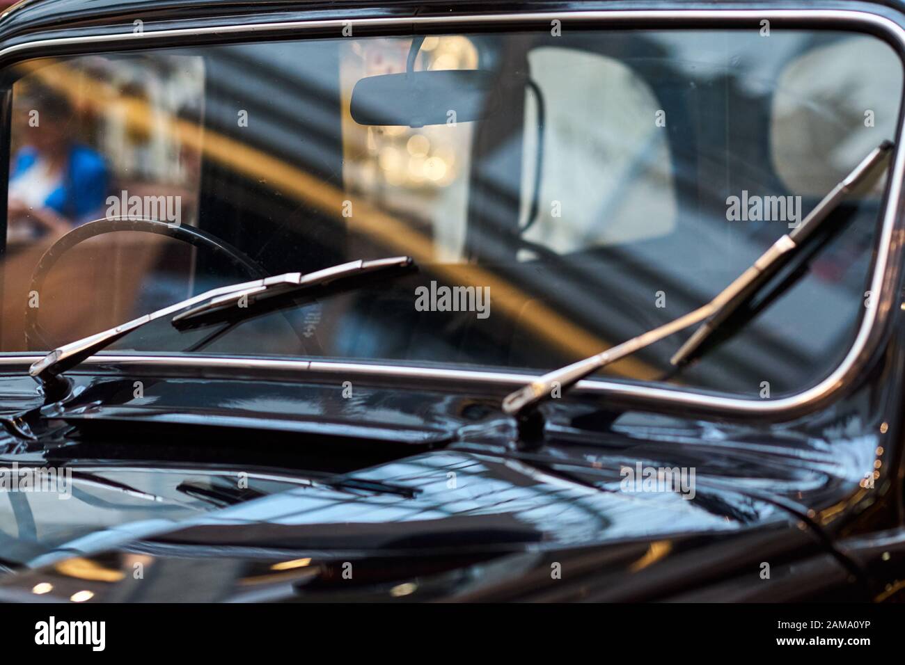 Retro car windscreen with windshields closeup. Part of black vintage ...