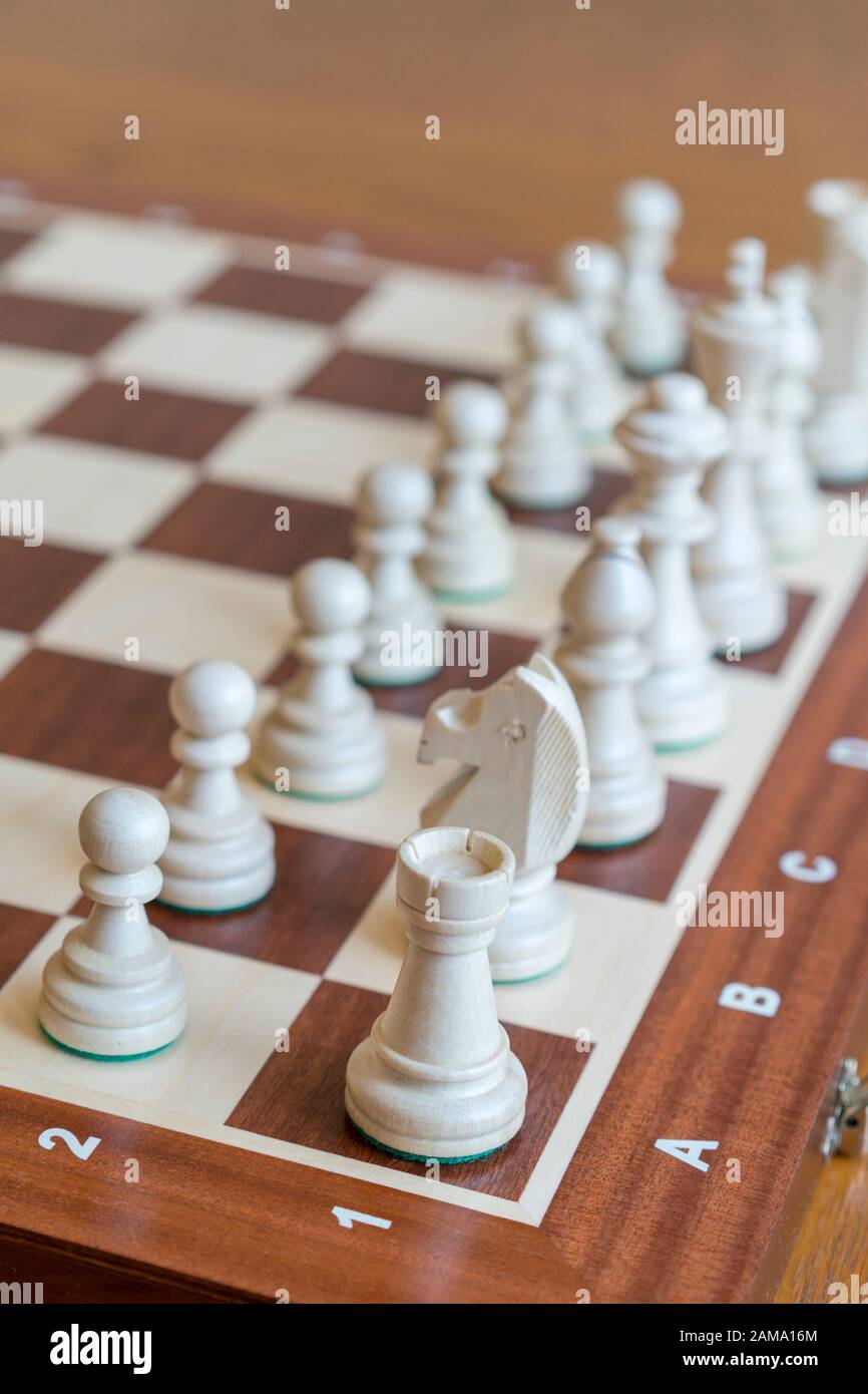 White Chess Pieces on a Chess Board. Vertical photo Stock Photo - Alamy