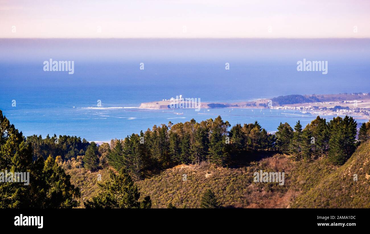 View towards the Pacific Ocean coastline and Pillar Point Harbor from ...