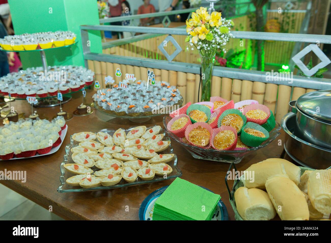 Wooden table with different types of appetizers. Savory snacks at ...