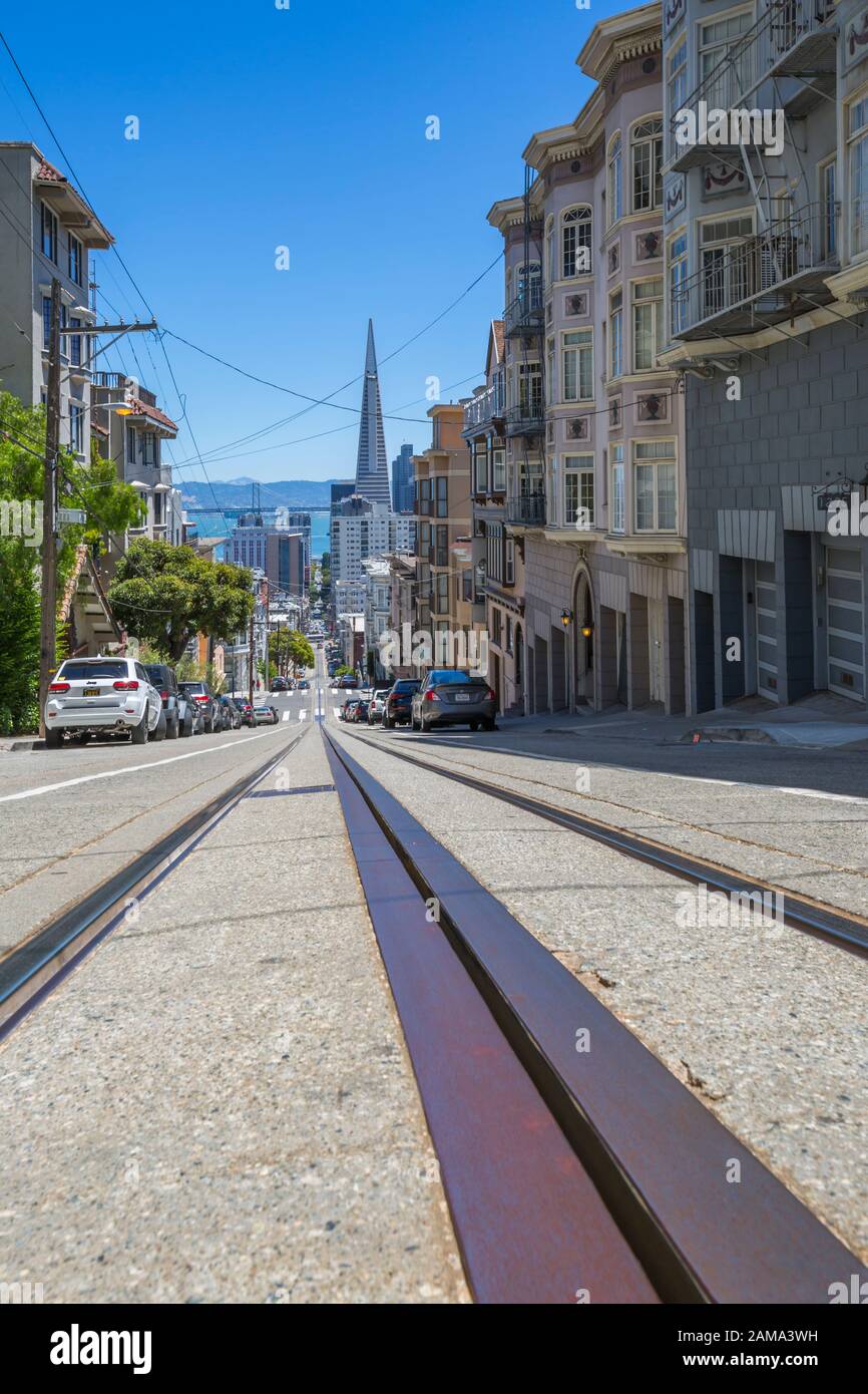 View of Transamerica Pyramid building and Oakland Bay Bridge, San ...